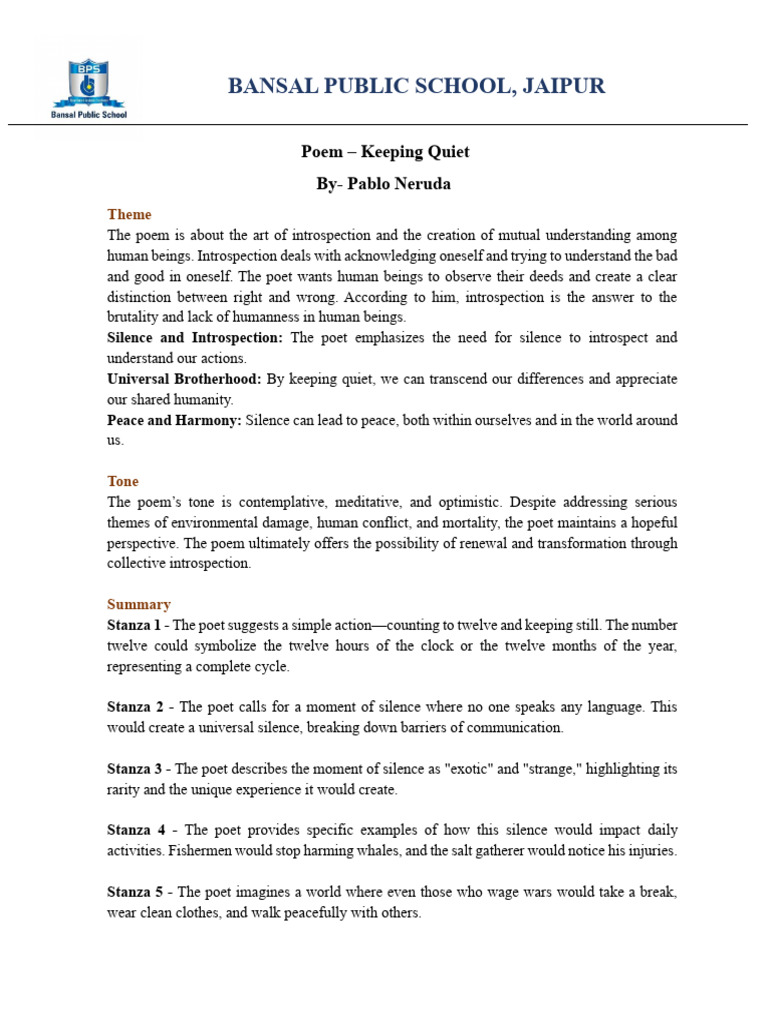 Poem - Keeping Quiet (Notes) | PDF | Poetry | Sentence (Linguistics)
