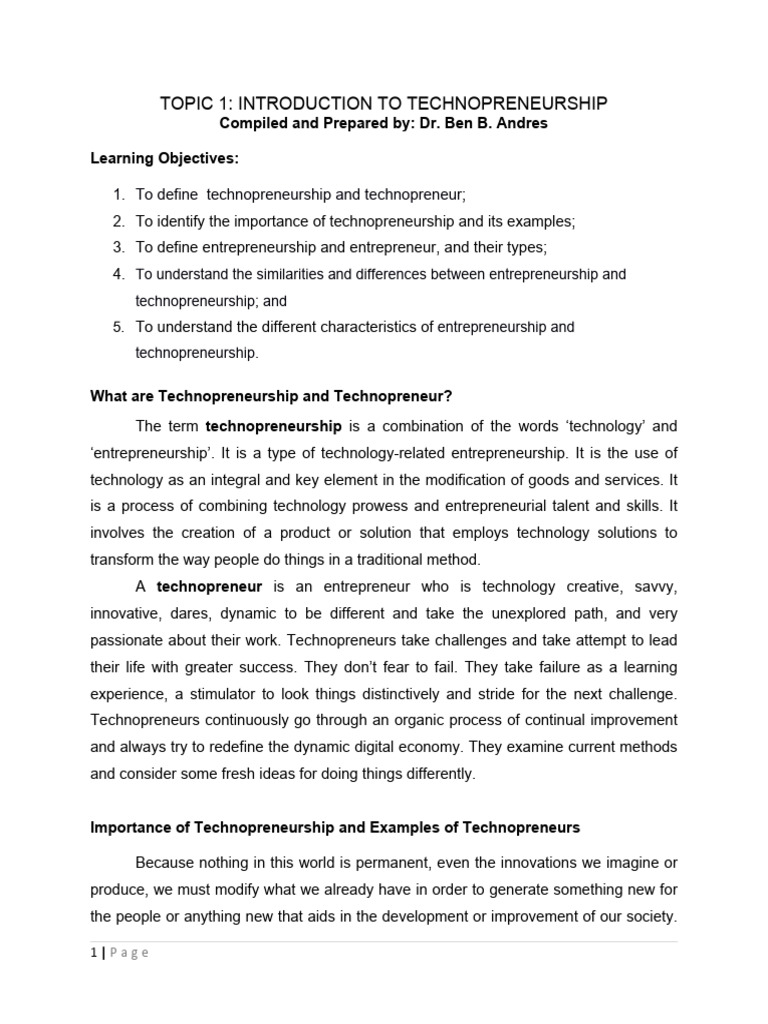 Topic 1: Introduction To Technopreneurship | PDF | Entrepreneurship ...