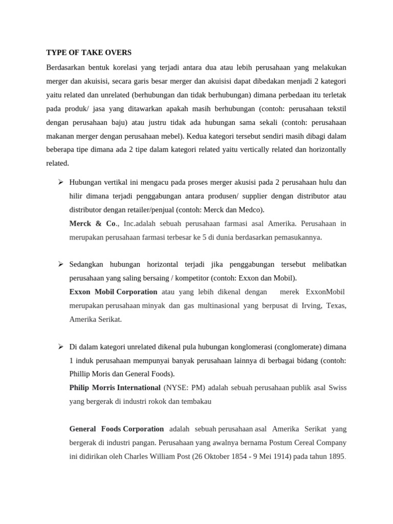 Tipe Merger dan Akuisisi Perusahaan | PDF