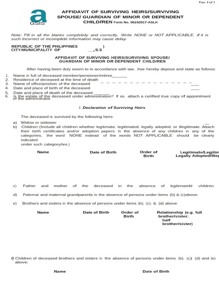 GSIS Affidavit of Surviving Heirs Form | PDF | Affidavit | Justice