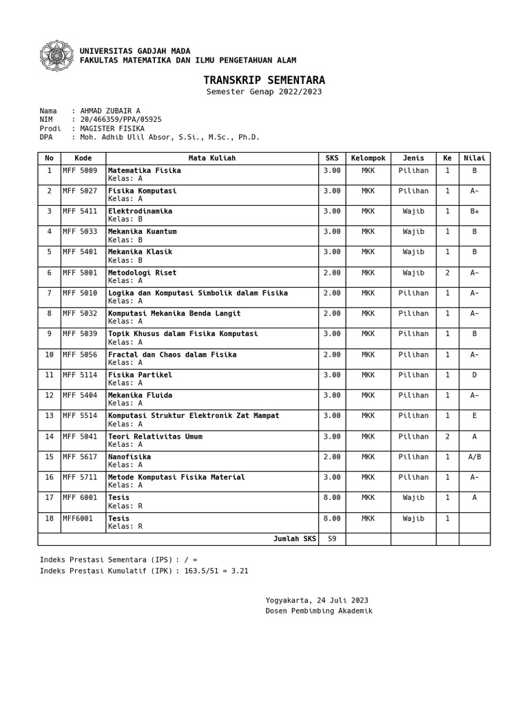 Transkrip Sementara Semester Genap 2022-2023 | PDF