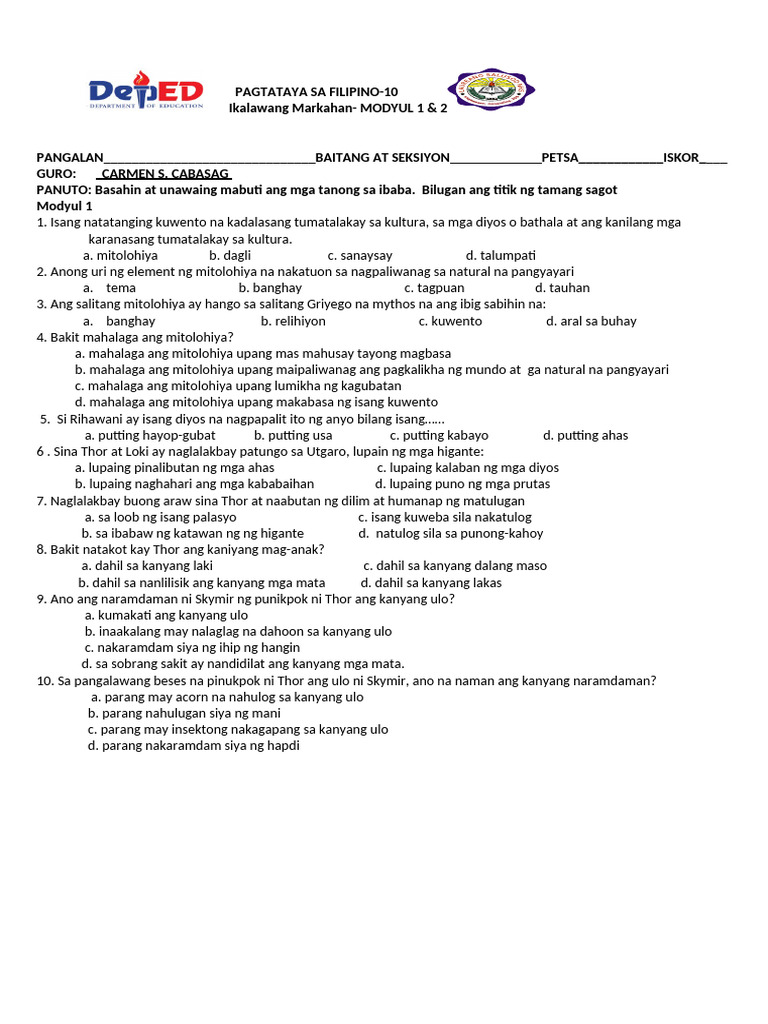 Pagtataya Sa Filipino-10 Q2-Modyul 1-4 | PDF