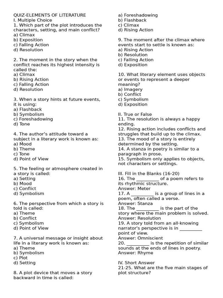 Quiz on Literary Elements | PDF | Poetry | Narration