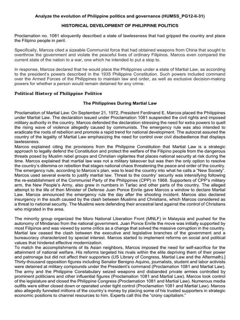 Evolution of Philippine Politics: Martial Law | PDF | Philippines ...