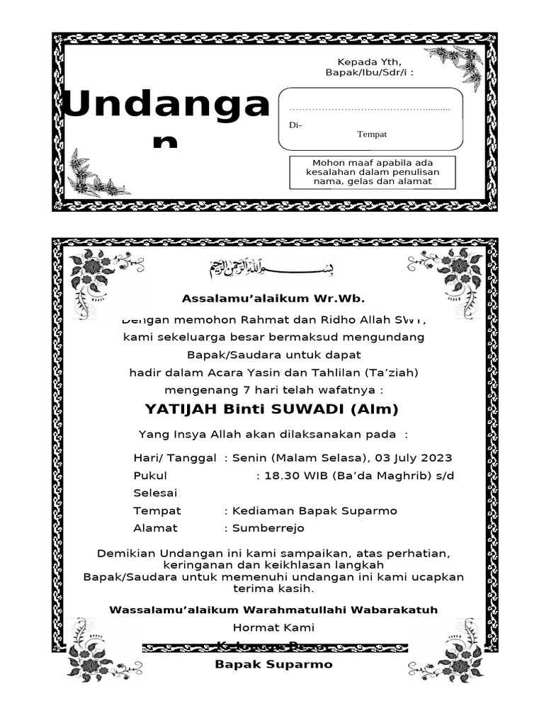 Undangan Yasin dan Tahlilan Alm. Yatijah | PDF