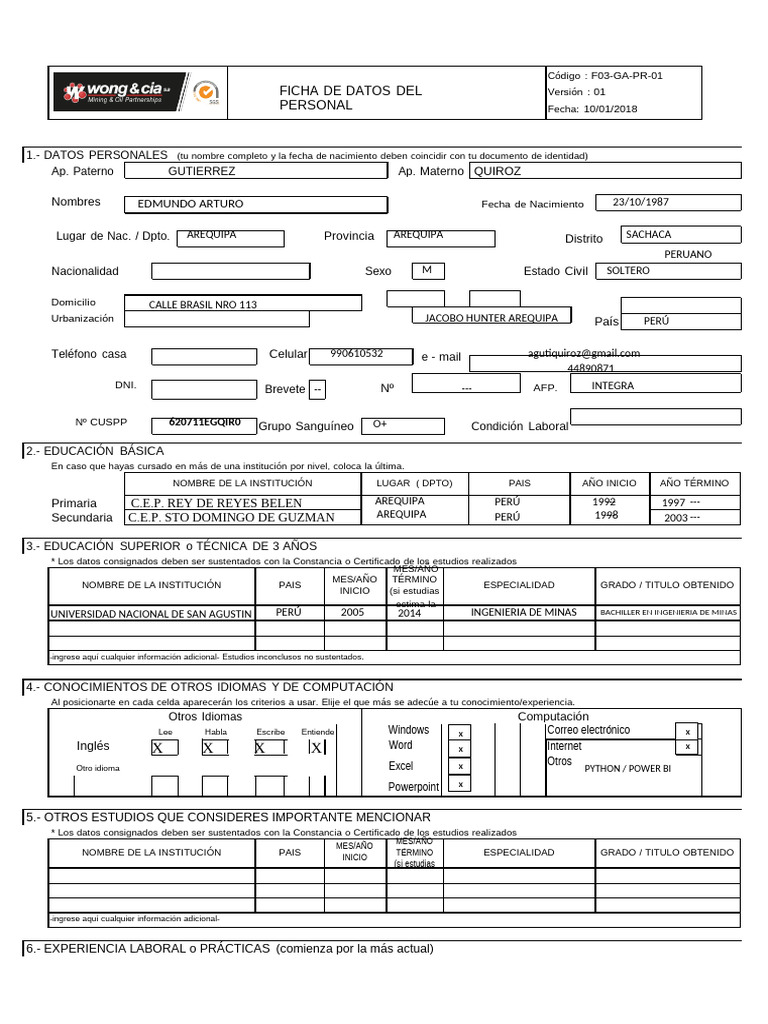 F03-GA-PR-01 Ficha de Datos | PDF | Informática