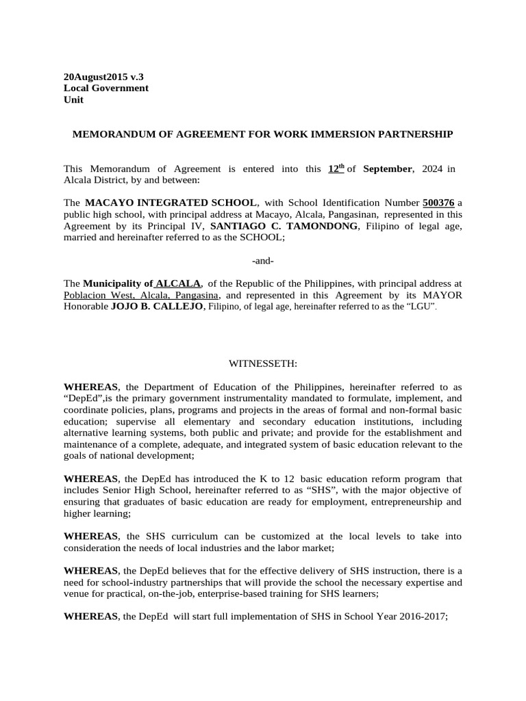 20-Aug-MOA-Template-for-Work-Immersion-LGU-MAD | PDF | Employment ...