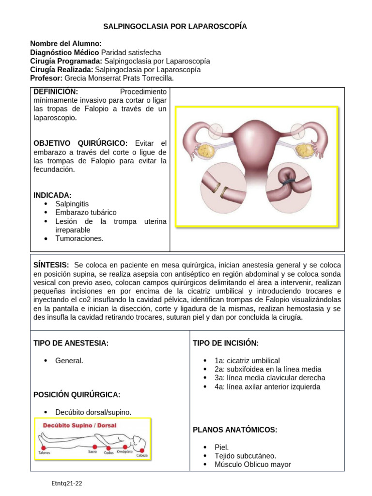 Salpingoclasia: Técnica Quirúrgica Laparoscópica | PDF | Cirugía ...