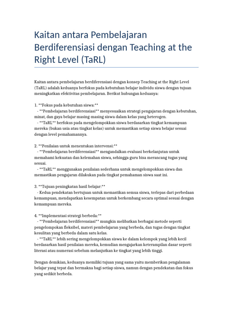 Kaitan Pembelajaran Berdiferensiasi Dan TaRL | PDF