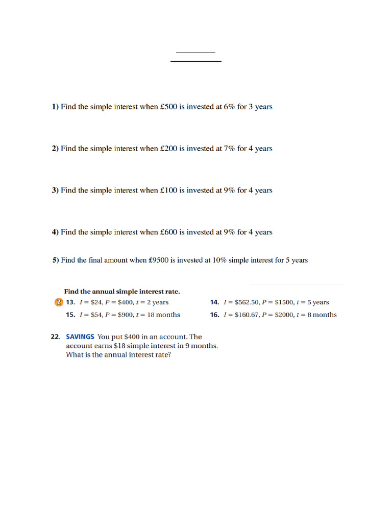 Revision Worksheet (Simple Interest) | PDF