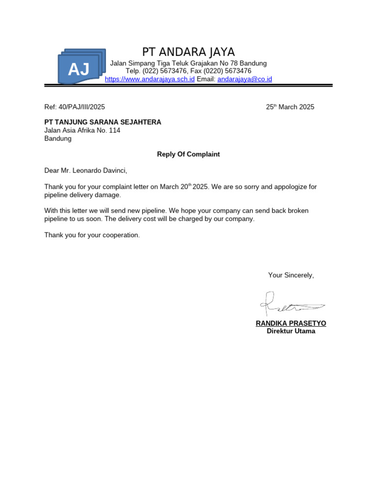 Contoh Surat Balasan Komplain | PDF