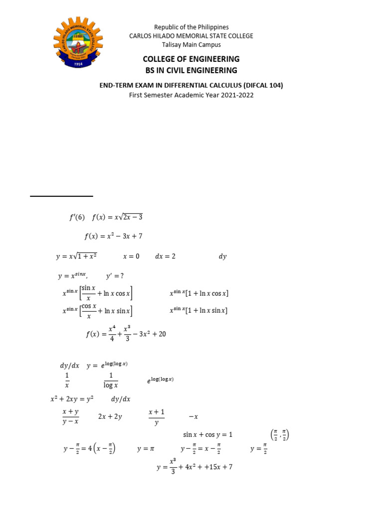 Endterm Exam in Difcal 104 1st Sem 2021 2022 Finalversion | PDF | Tangent | Mathematical Objects