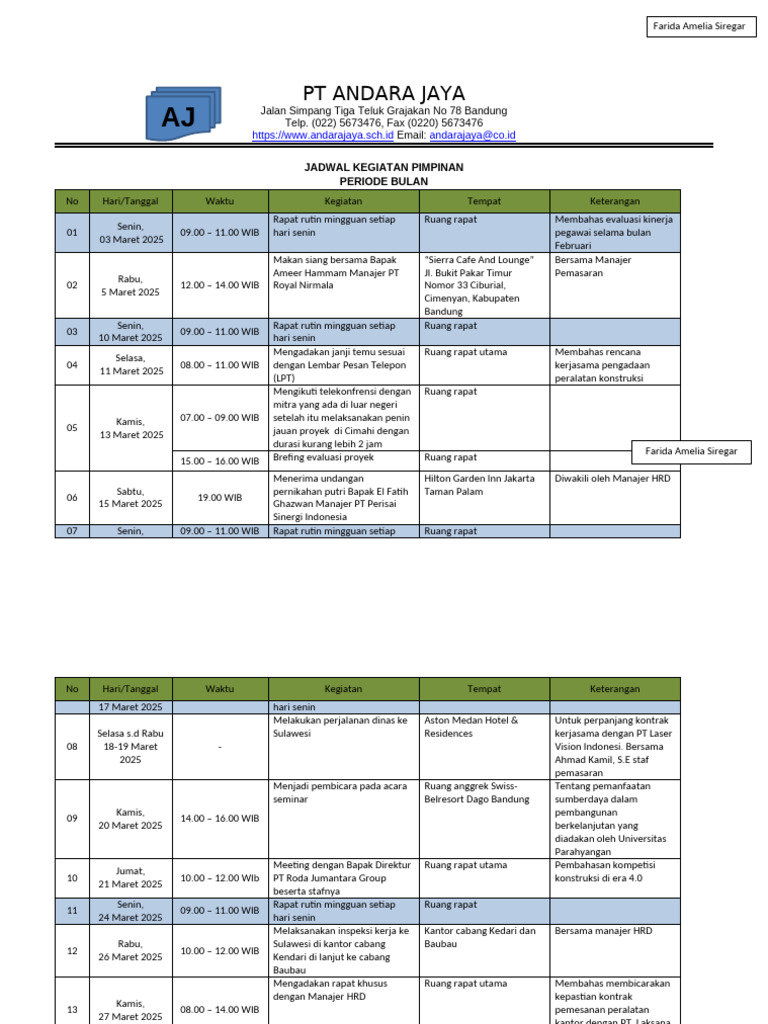 Contoh Jadwal Kegiatan Pimpinan | PDF