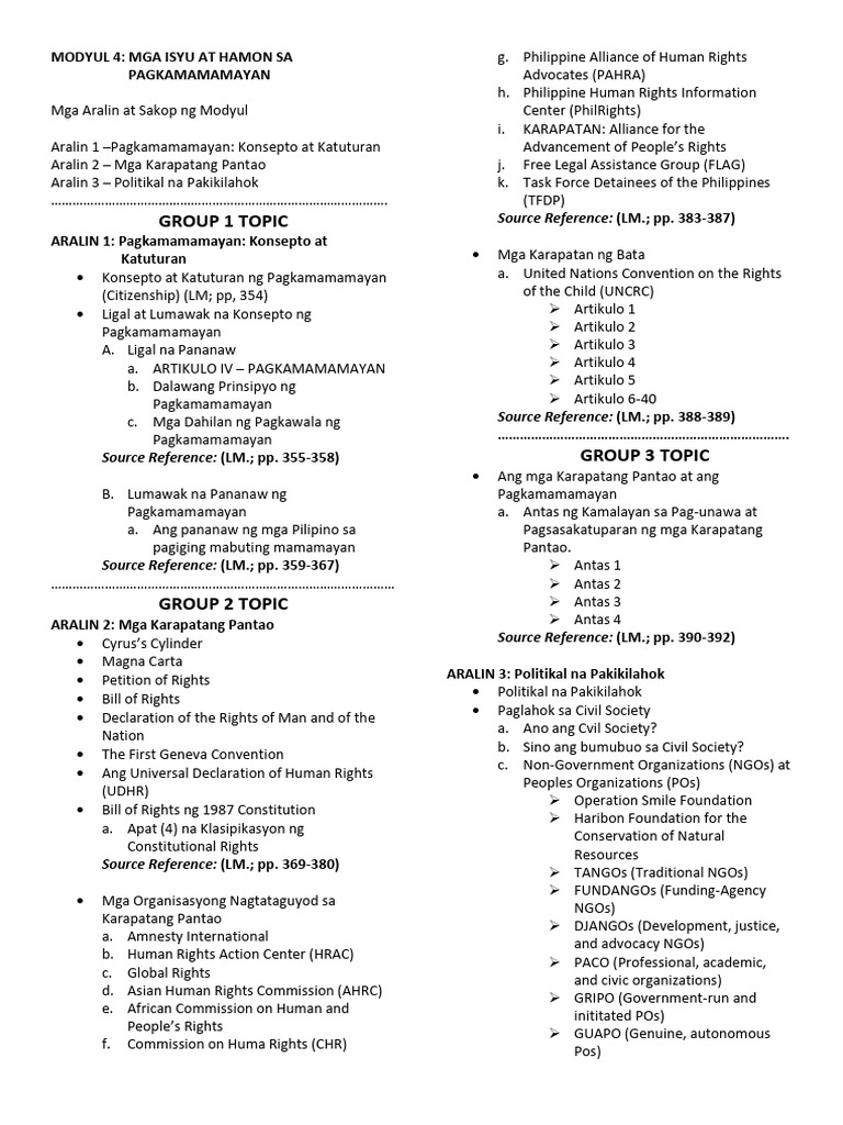 G10 Q4-Grp.-Topics-Pagkamamamayan | PDF