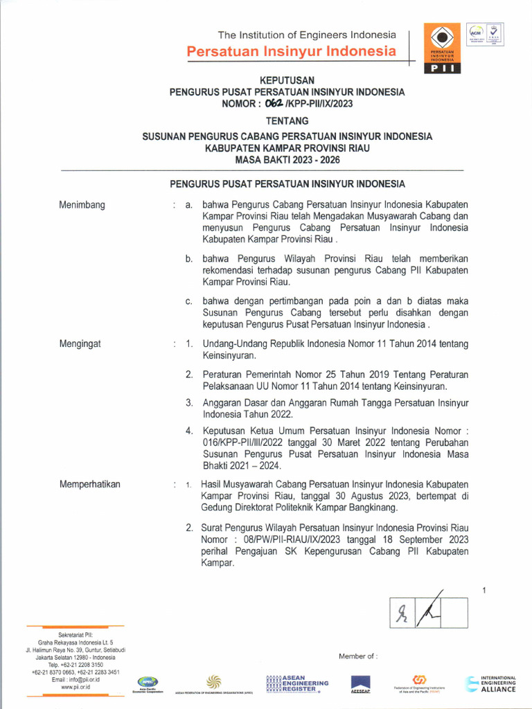 062 - SK Cabang Kabupaten Kampar Provinsi Riau Masa Bakti 2023 - 2026 | PDF