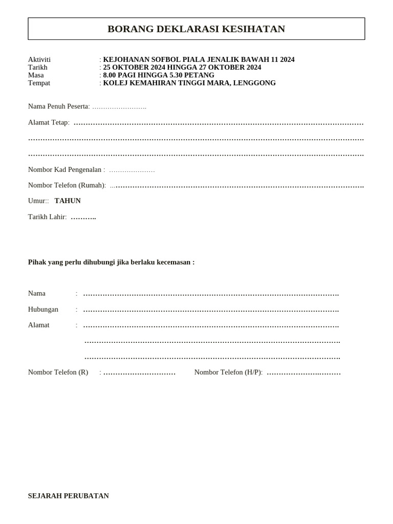 JENALIK CUP - Deklarasi Kesihatan (blank) | PDF