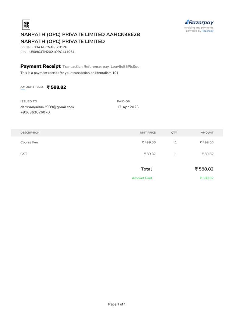 Receipt Pay - Leuv6oE5PisSoe From NARPATH (OPC) PRIVATE LIMITED ...