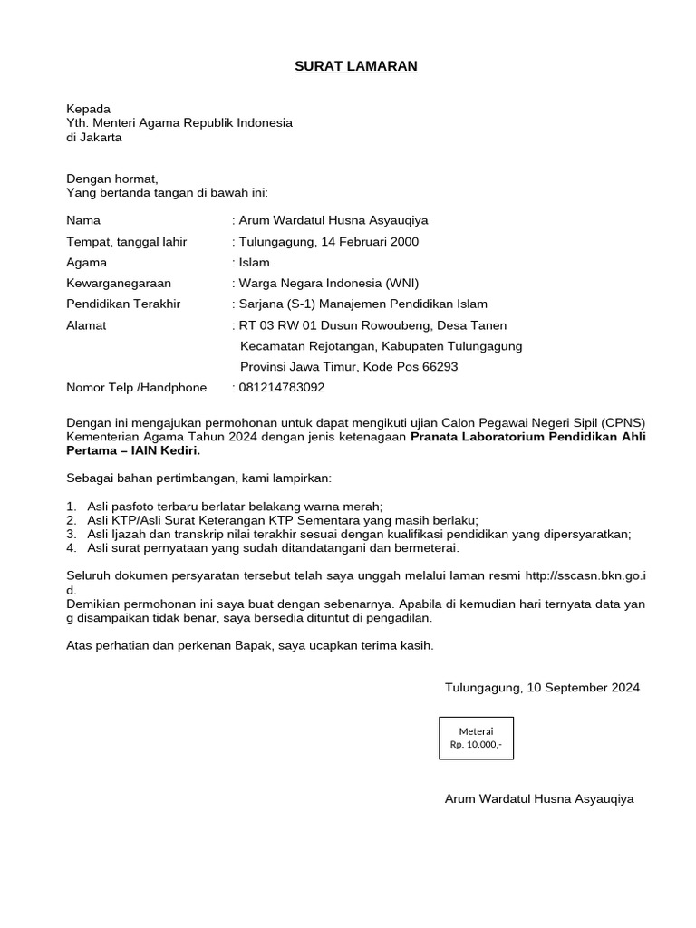 Contoh Surat Lamaran Dan Pernyataan 2024 CPNS Kemenag | PDF