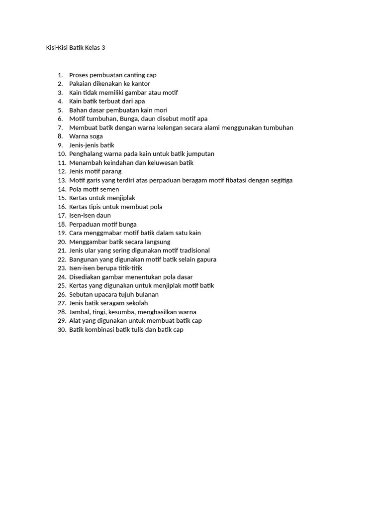 Kisi-Kisi Batik Kelas 3 | PDF