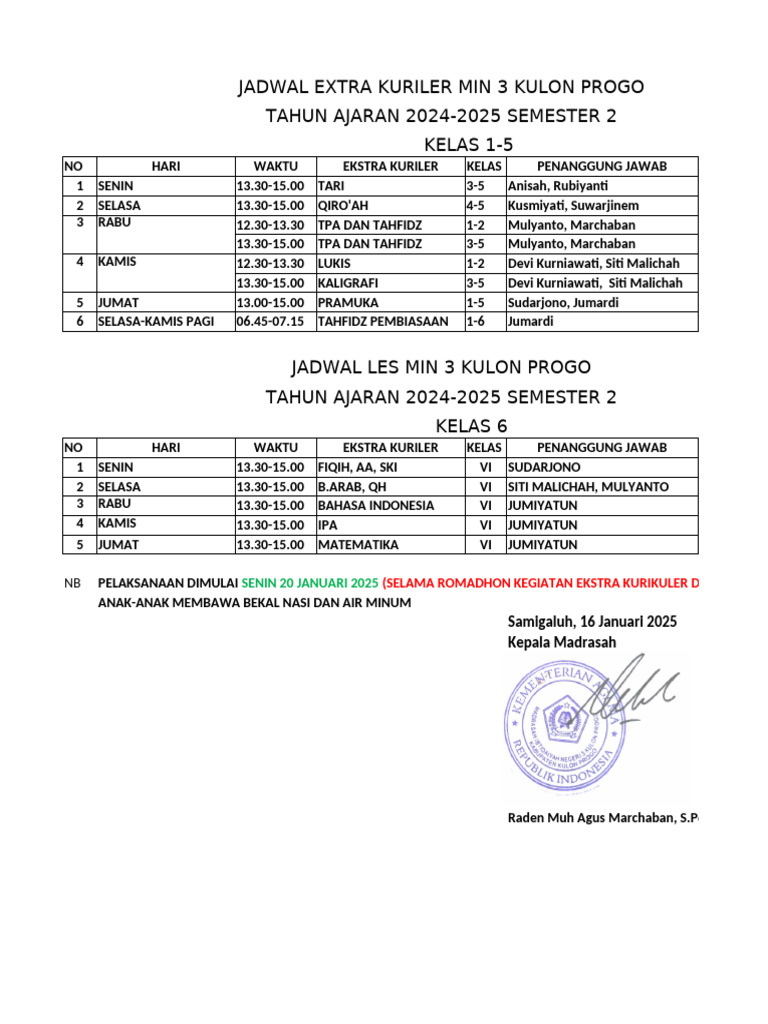 Jadwal Ekstra Dan Jadwal Les | PDF