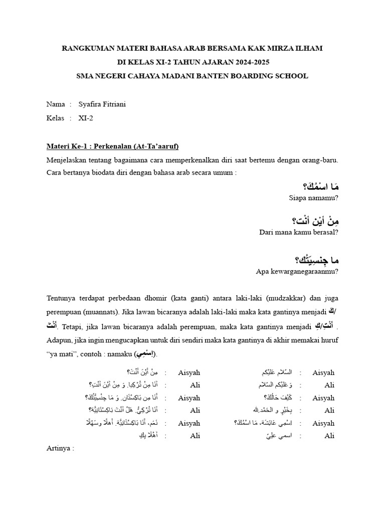 Tugas Rangkuman Materi Bahasa Arab Kak Mirza | PDF