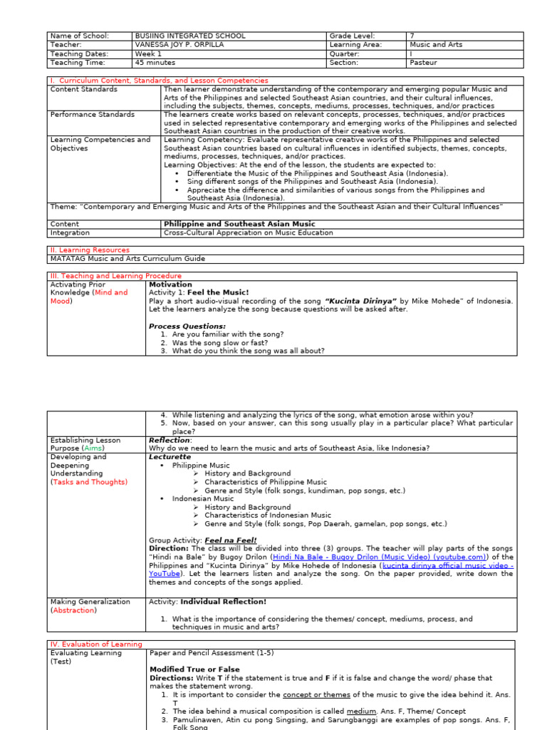 Music and Arts Curriculum for Grade 7 | PDF | Learning | Curriculum