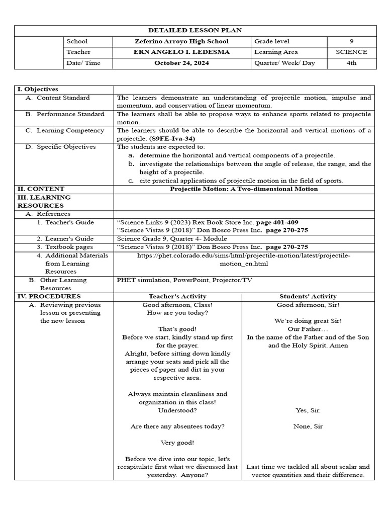 PROJECTILE MOTION DLP - Ledesma | PDF | Physics | Mechanics