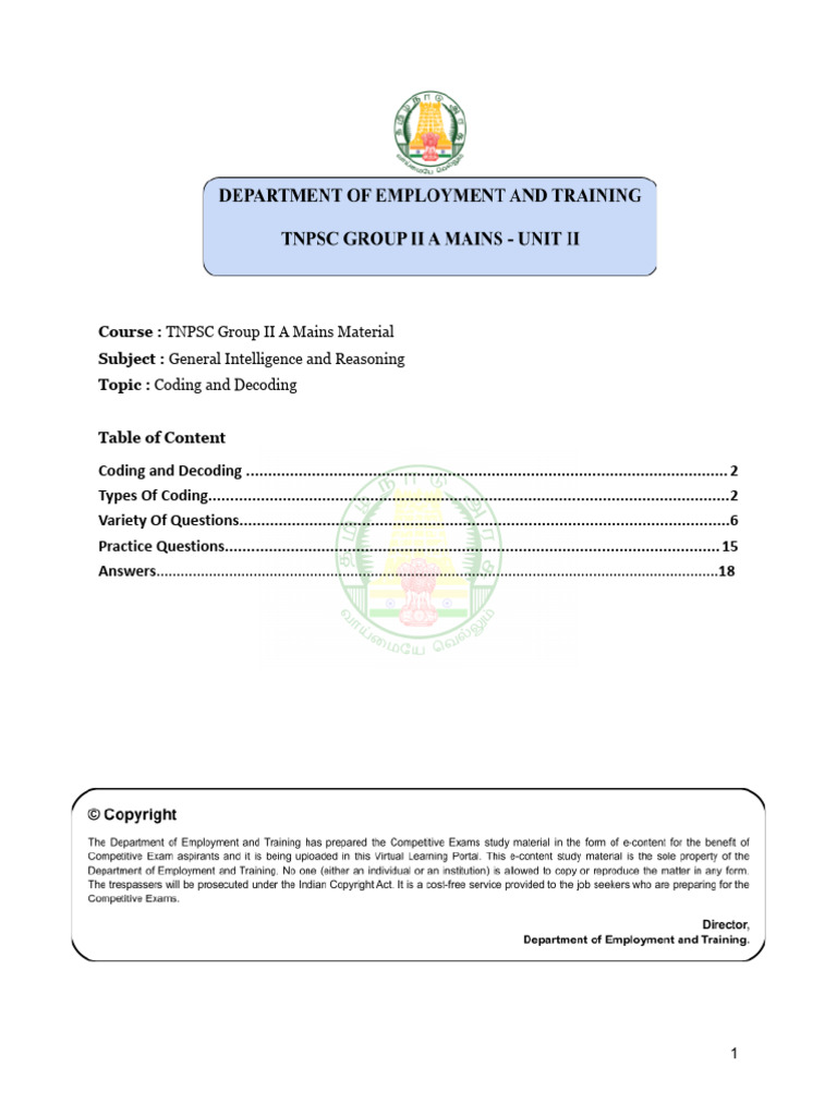 TNPSC Group II A: Coding & Decoding Guide | PDF | Code | Encryption