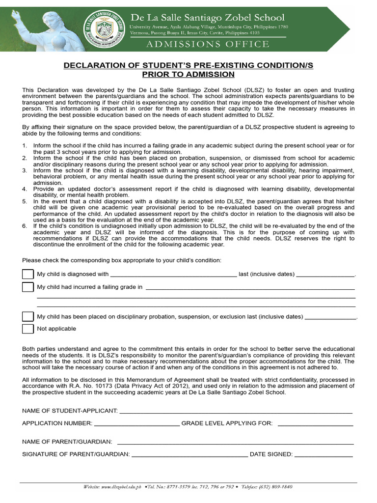 Declaration of Student's Pre-Existing Conditions Prior To Admission ...
