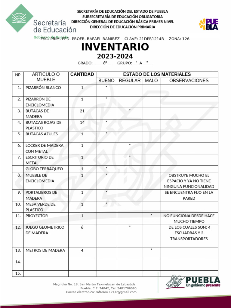 6°a - Inventario Del Aula 2023-2024 | PDF
