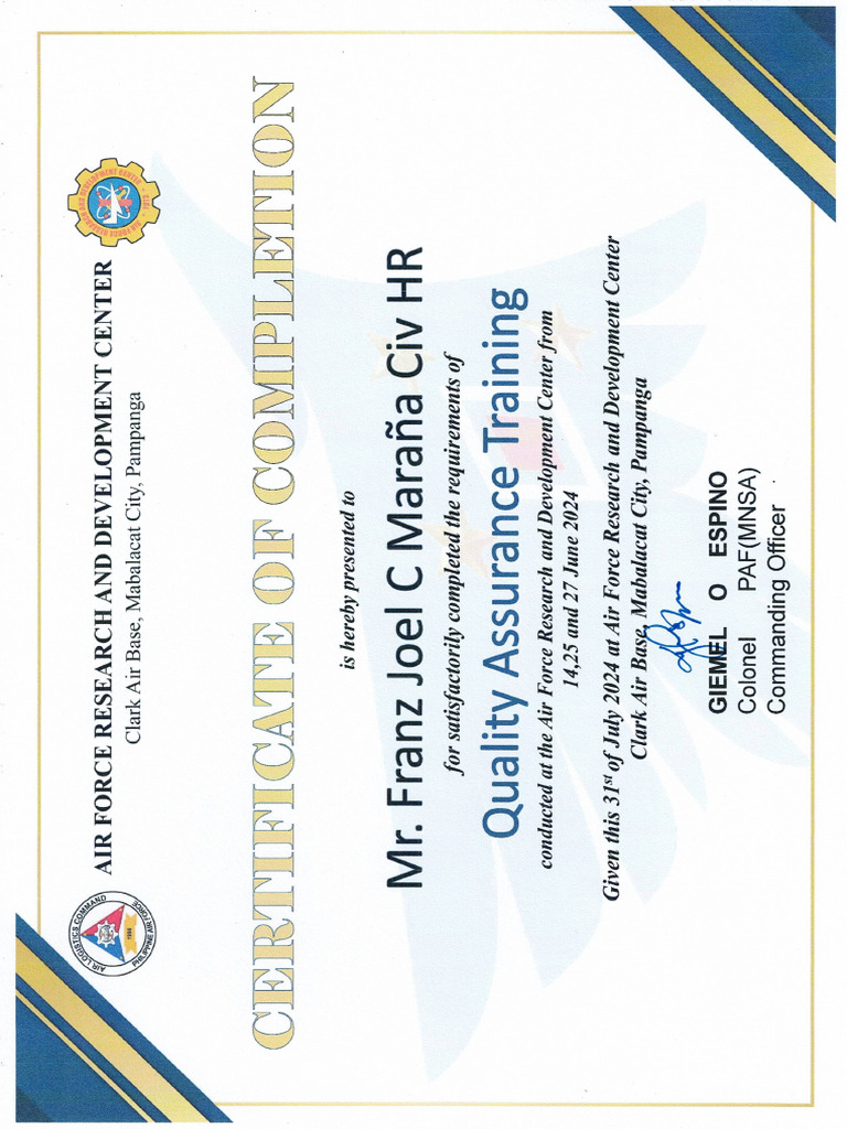 QA Training Certificate | PDF