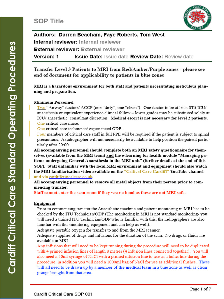 Mri Sop | PDF | Intensive Care Medicine | Intravenous Therapy