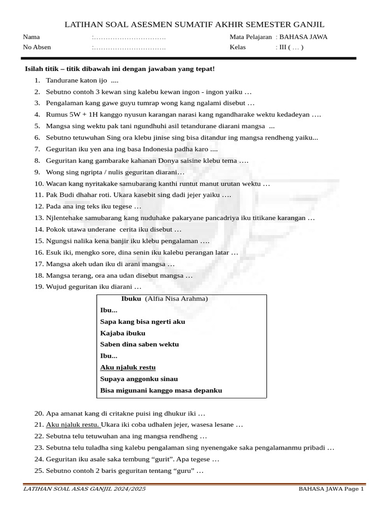 Lat. Soal Sas Ganjil b.jawa Kls III 24-25 | PDF