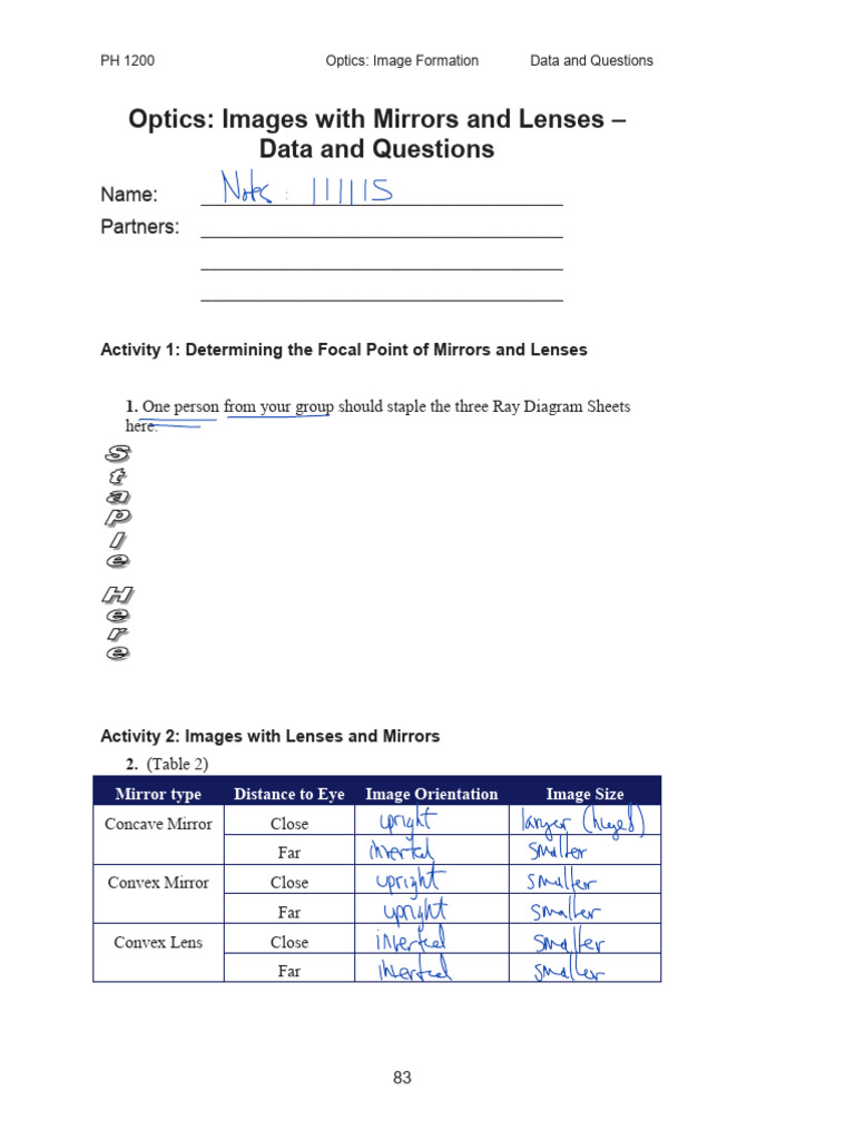 Optics: Image Formation Activities | PDF | Optics | Imaging
