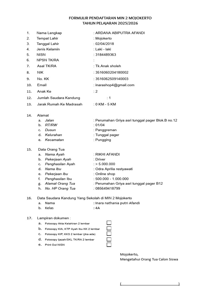 BUKTI FORMULIR PPDB ARDANA ABIPUTRA AFANDI | PDF