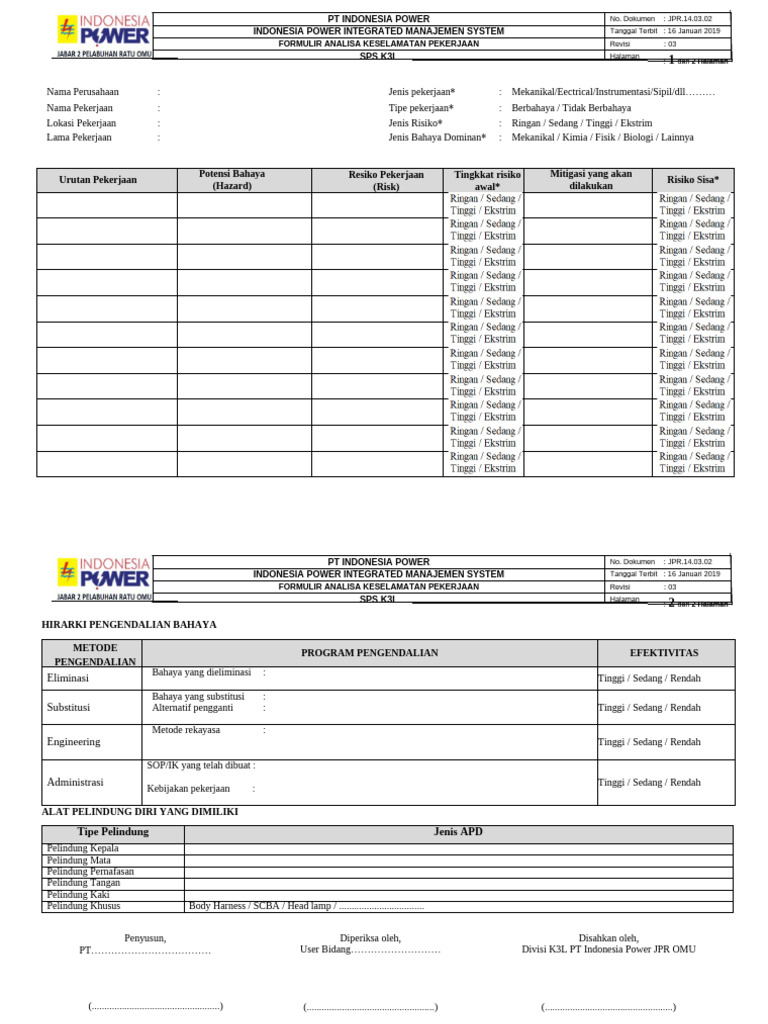 FM - JPR.14.03.02 Formulir Job Safety Analysis Revisi 1 | PDF