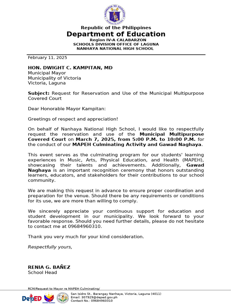 Letter To Mayor Re MAPEH Culminating | PDF