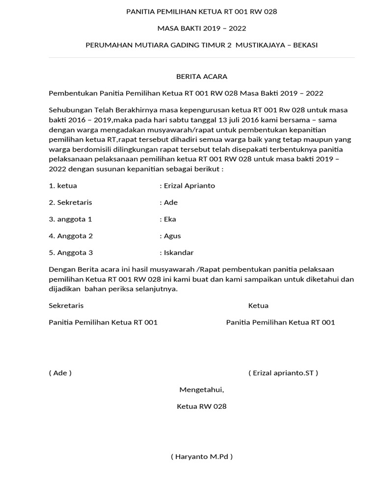 Berita Acara PANITIA PEMILIHAN KETUA RT 001 RW 028 | PDF