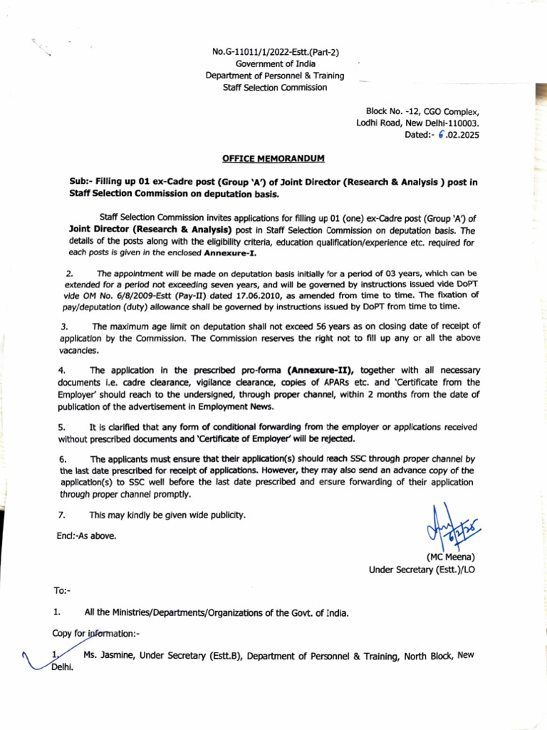 SSC Joint Director Research Post Application | PDF