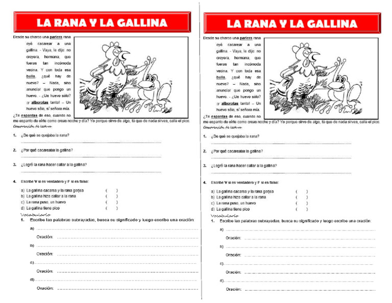 comprensión lectora la gallina y la rana | PDF