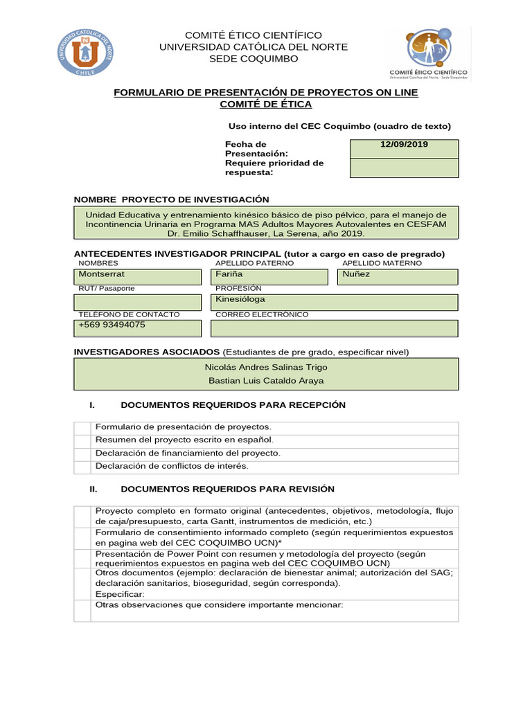 Formulario Presentacion Unidad Educativa y Entrenamiento Basico de Piso Pelvico | PDF