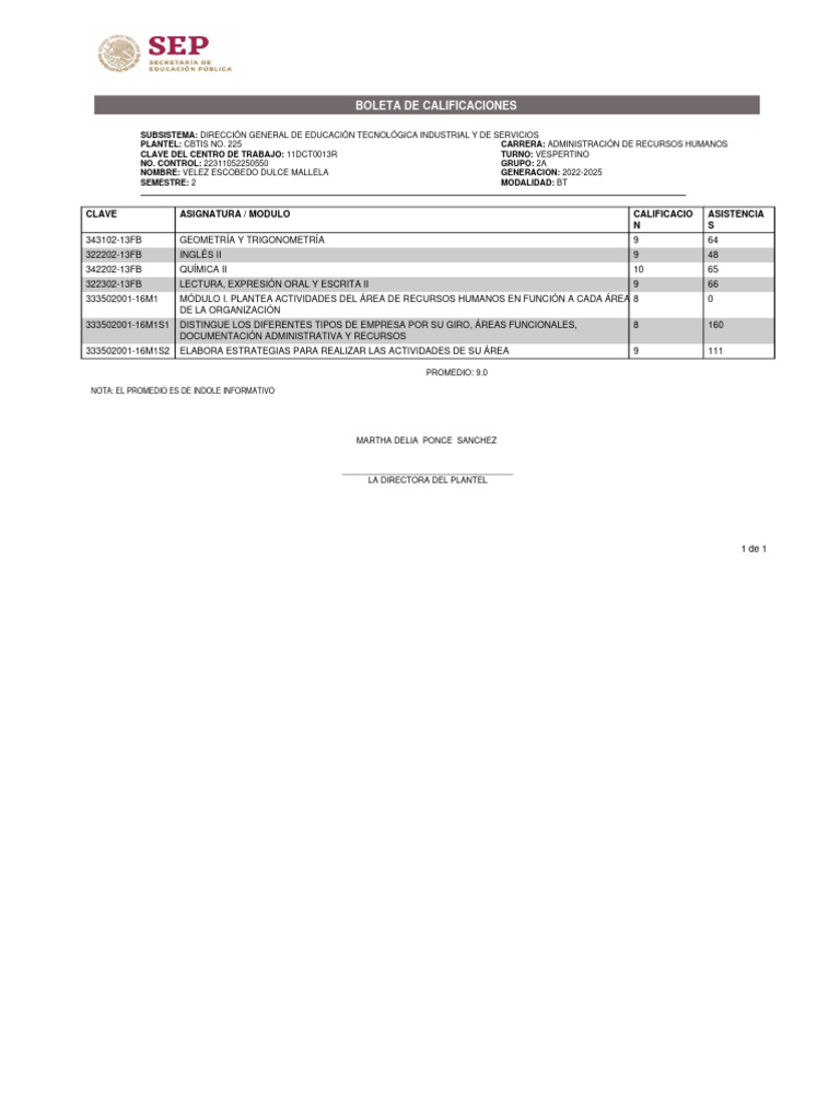 Boleta de Calificaciones CBTIS 225 | PDF
