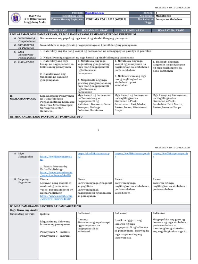 DLL MATATAG_MAKABANSA 1_Q4_W2 | PDF