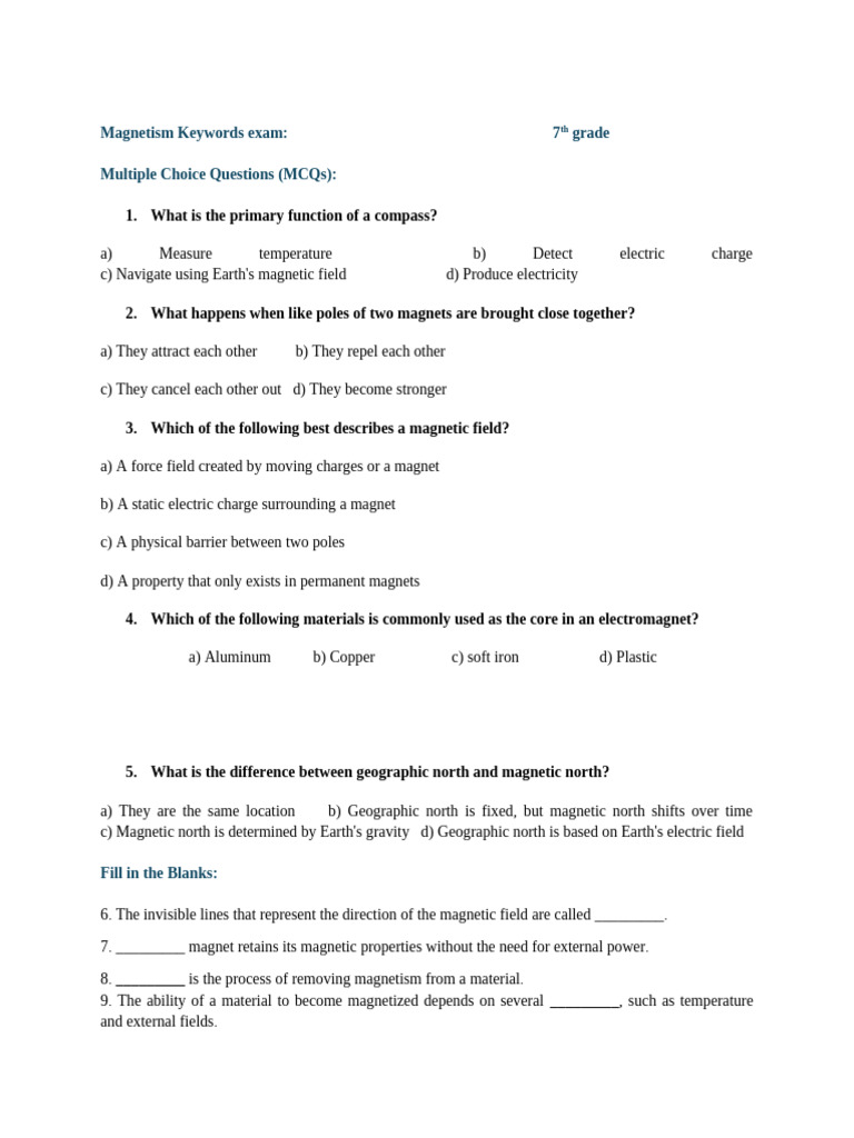 7th grade keywords exam Magnetism | PDF