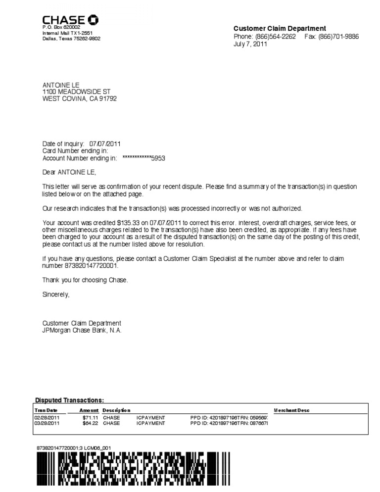 Chase Dispute Confirmation Letter | PDF | Finance & Money Management