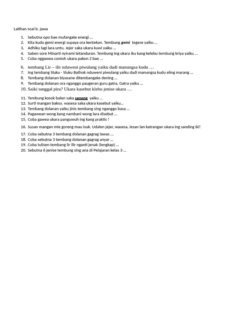 Soal Tembang Dolanan Bahasa Jawa | PDF