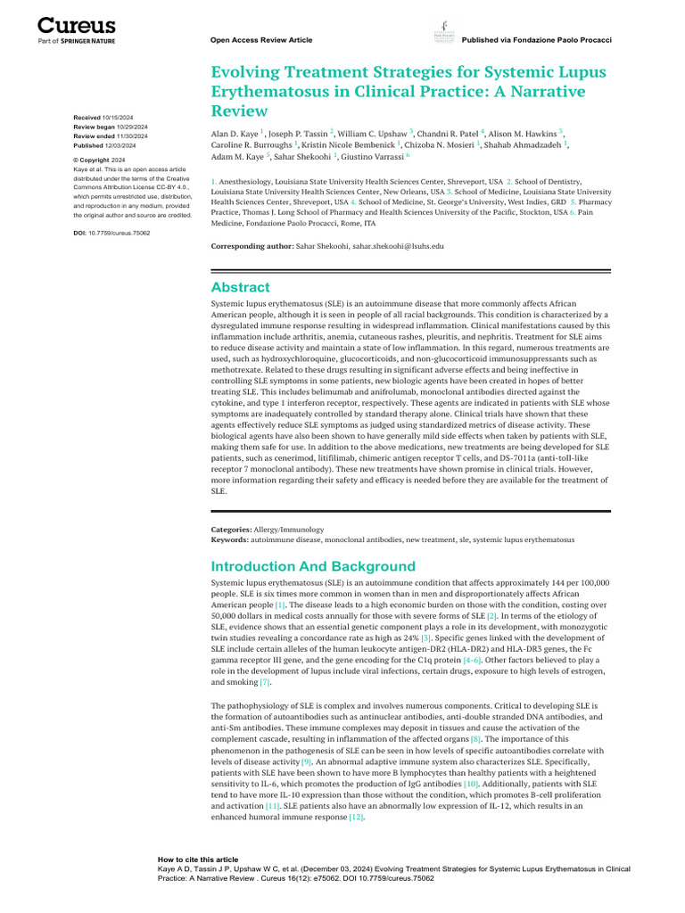 Evolving Treatment Strategies For Systemic Lupus Erythematosus in | PDF | Interferon | Antibody