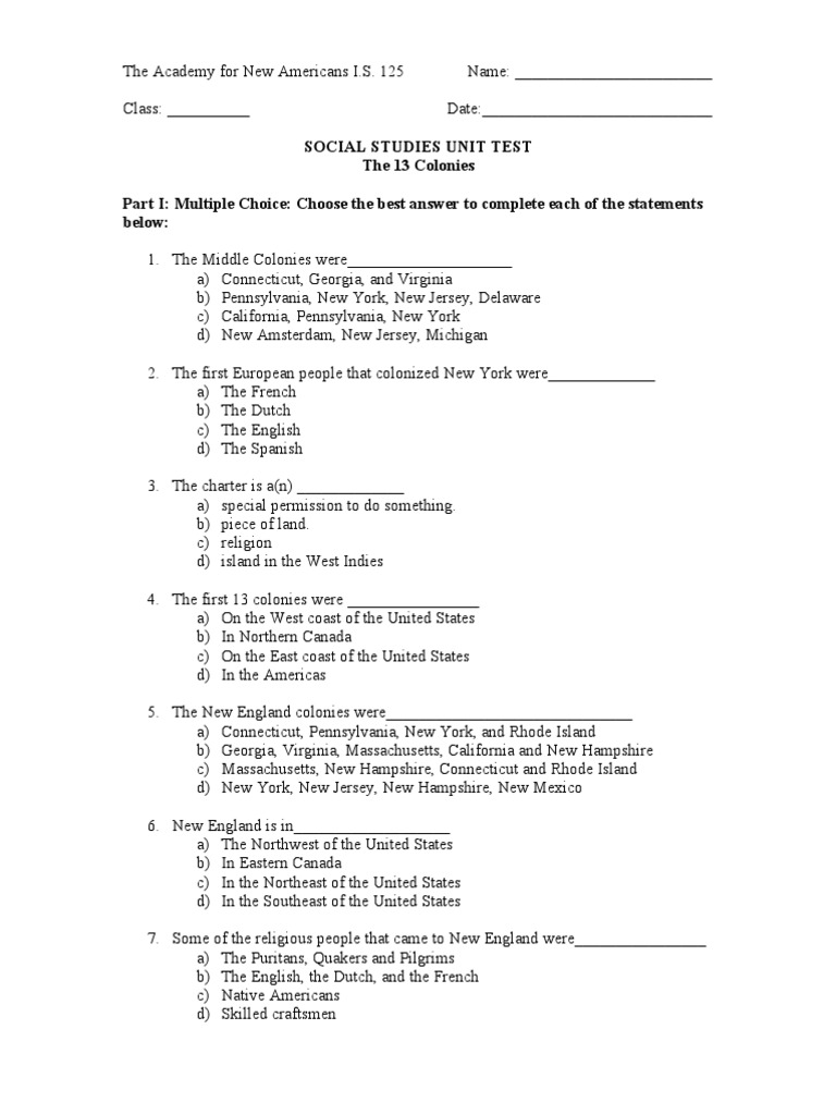 13 Colonies Unit Test Guide | PDF | Travel | History