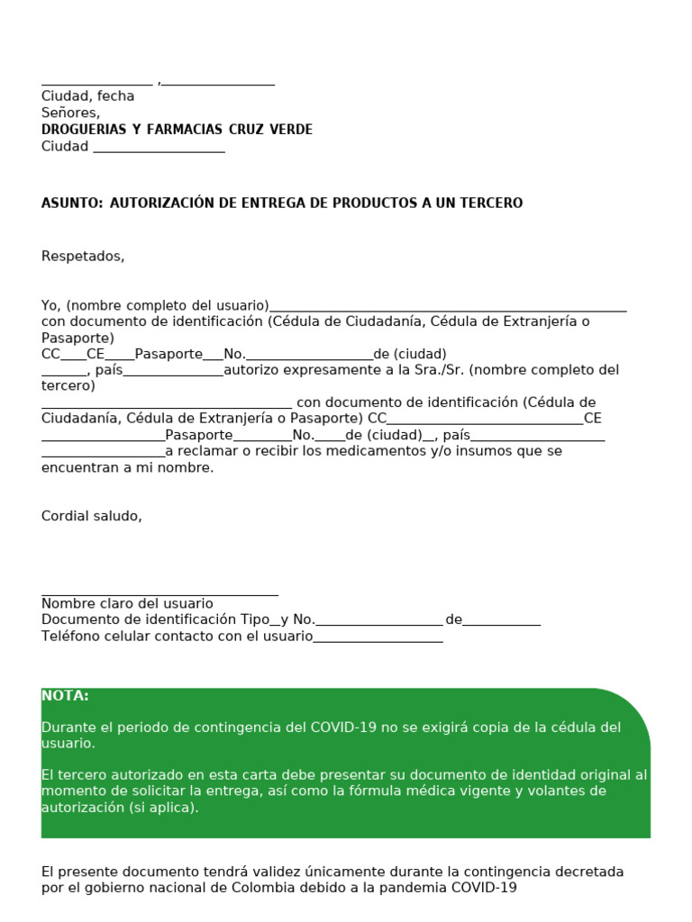 Cruz Verde FORMATO CARTA AUTORIZACION | PDF