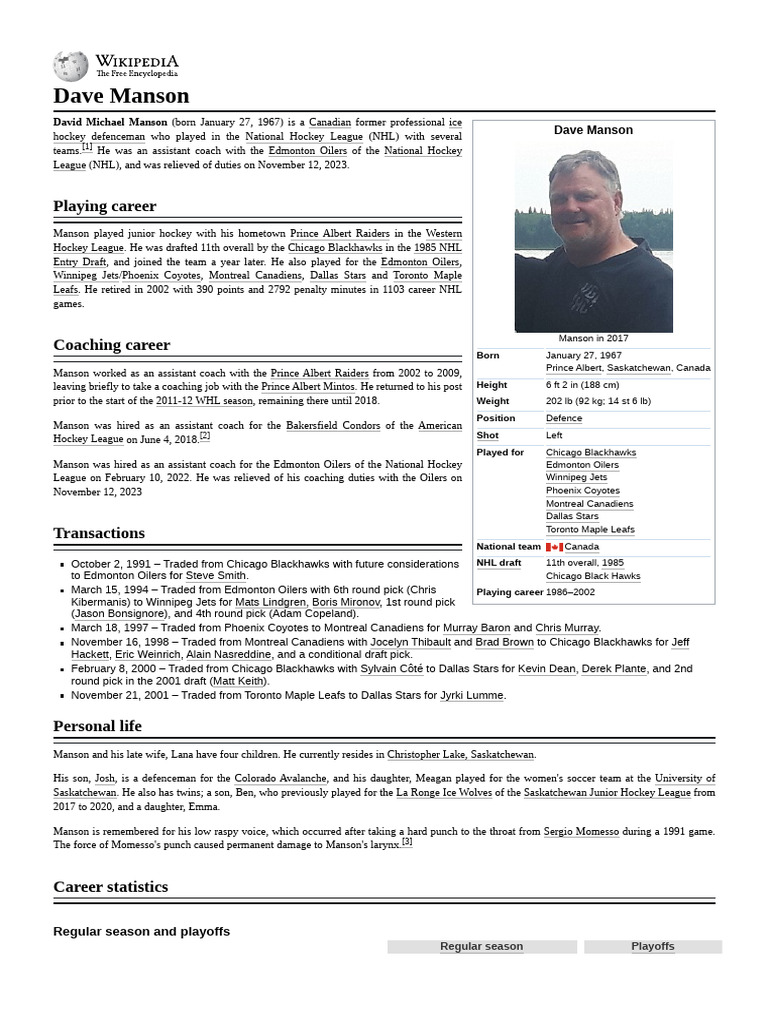 Dave_Manson | PDF | National Hockey League | Ice Hockey